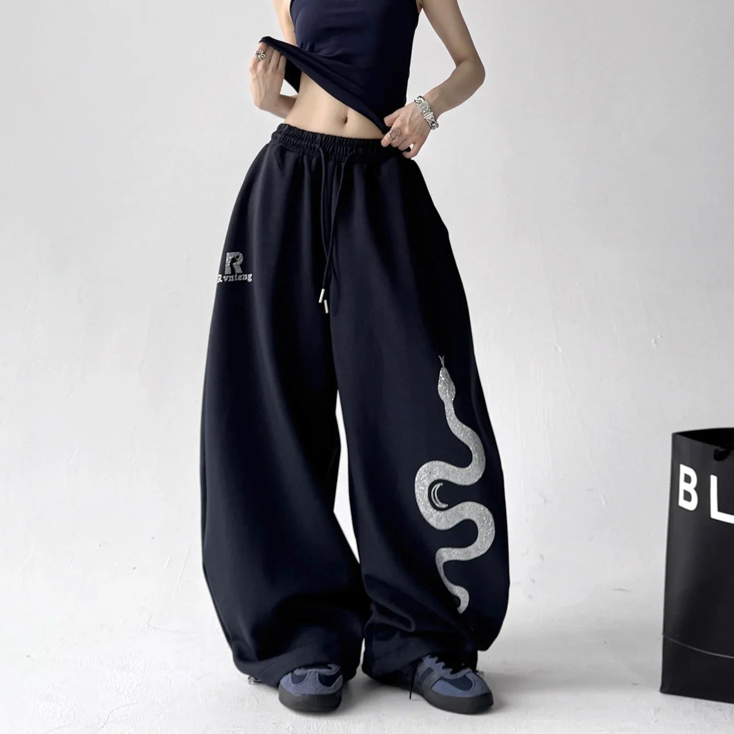 Raven Rhinestone Pants – Women’s Wide-Leg Streetwear Trousers with ...